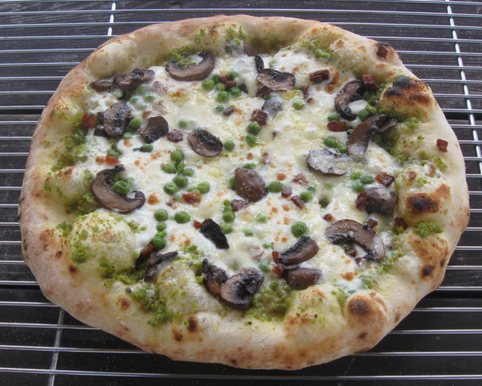 Wood-fired Pea Pesto, Mushroom & Bacon Pizza